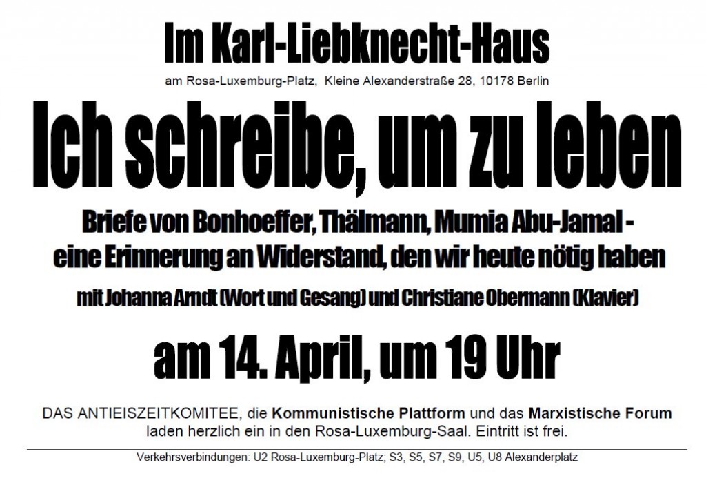 [Berlin] 14.04.2016 – Texte des Widerstands – mit Johanna Arndt und ...