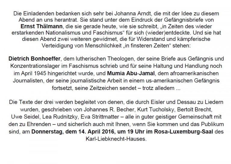 [Berlin] 14.04.2016 – Texte des Widerstands – mit Johanna Arndt und ...